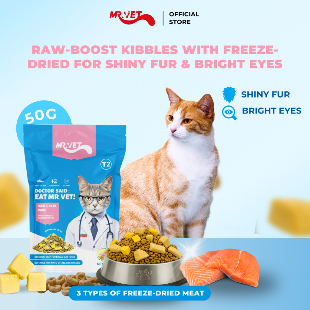 MR.VET T2 Cat Kibble 50g, Hair & Skin Care Functional Rawboost Kibble with Freeze Dried Meat ...