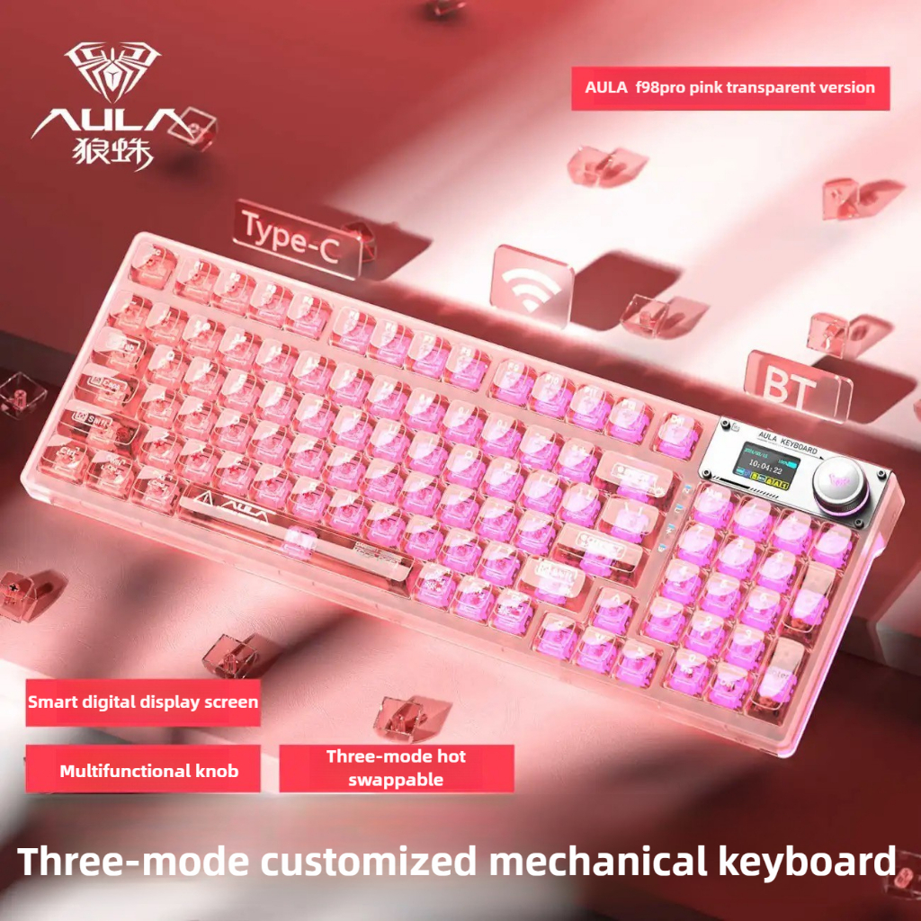 AULA F98 Pro Wireless Mechanical Keyboard Transparent RGB Full-key Hot Swappable BT5.0/2.4G ...