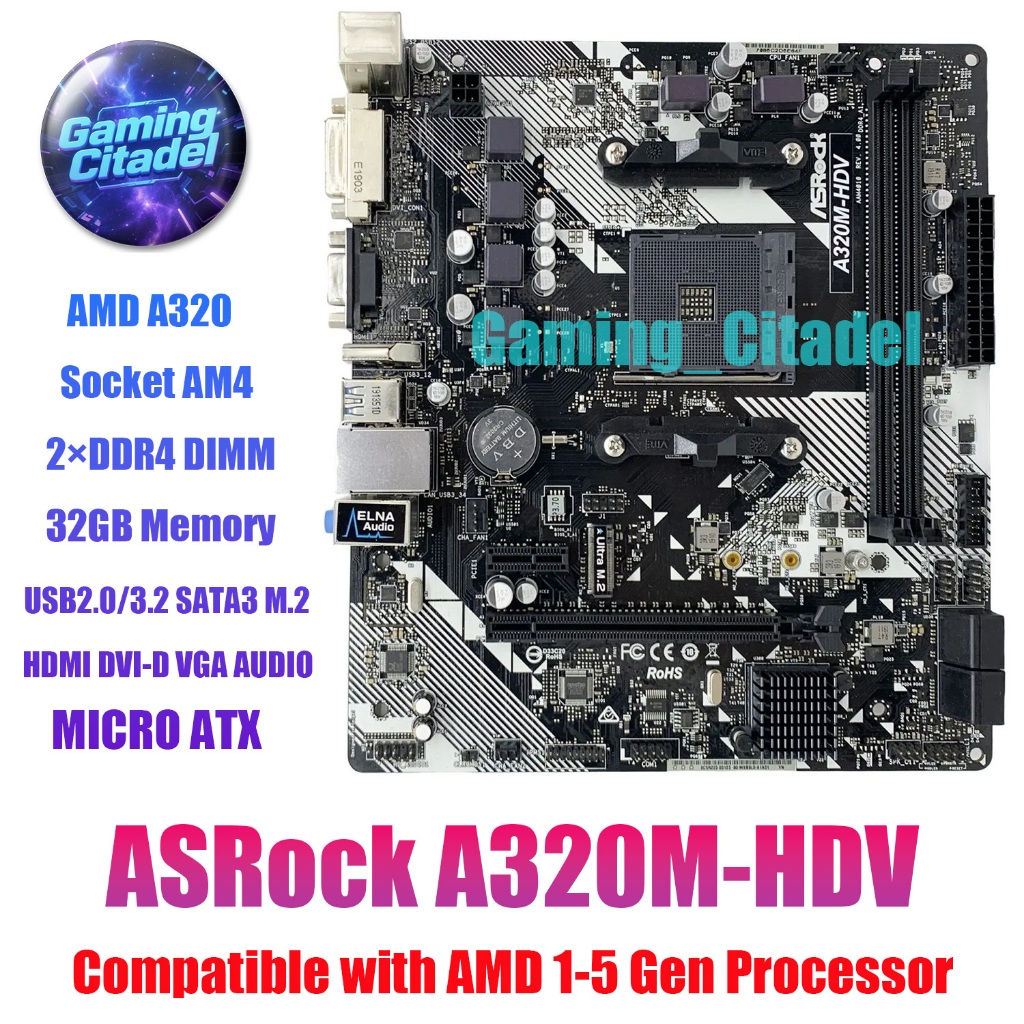 Used ASRock A320M-HDV DDR4 MATX AM4 Motherboard Compatible with AMD 1-5 Gen Processors with IO ...
