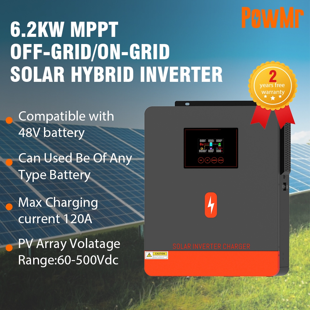 PowMr MPPT 6.2KW Pure Sine Wave Solar Hybrid Inverter Built-in 120A Solar Charge Controller ...