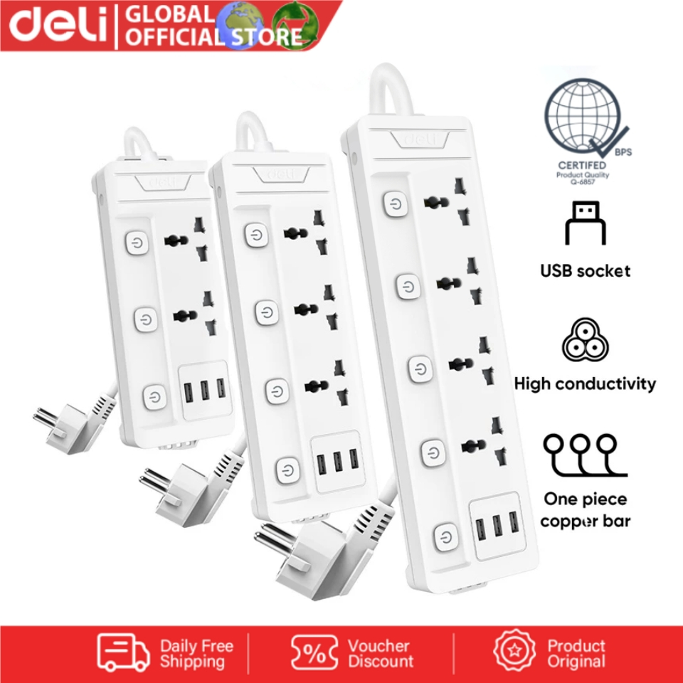 Deli 2M Extension Cord With Individual Switch USB Socket Home Multiple ...