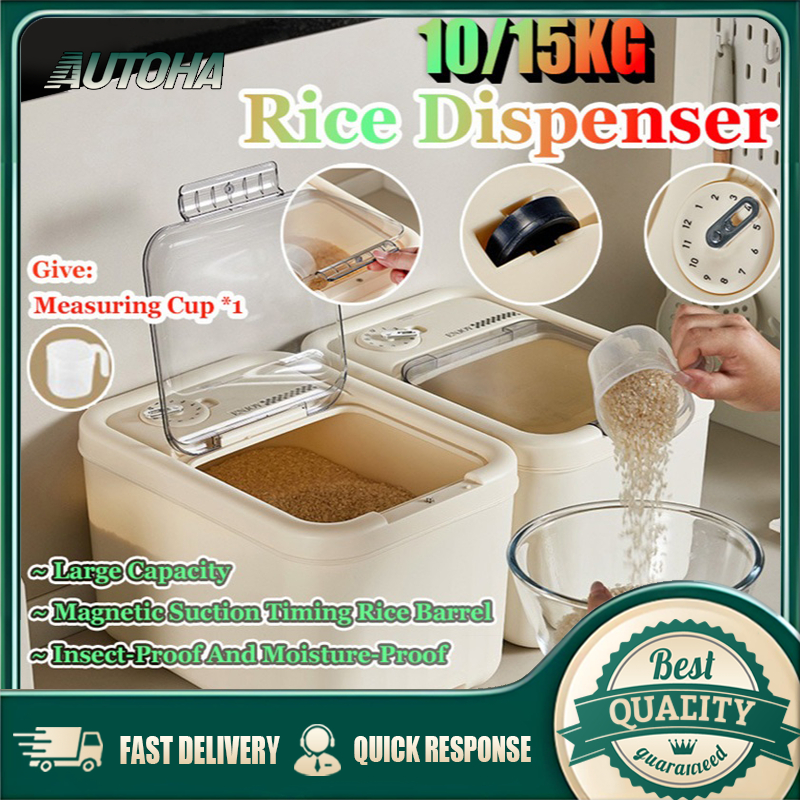 10/15KG Rice Dispenser Storage Magnetic Suction Timing Rice Container ...