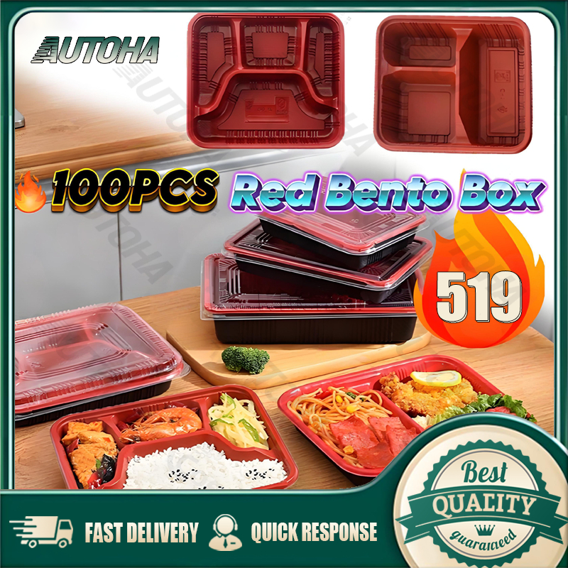 100PCS Red Bento Box With Lid 3/4 Grid Partition Takeaway Packaging Box ...