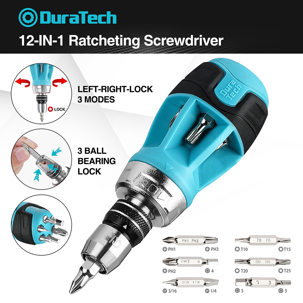 DURATECH 12-in-1 Stubby Ratcheting Screwdriver Multi-bit Short Screw ...