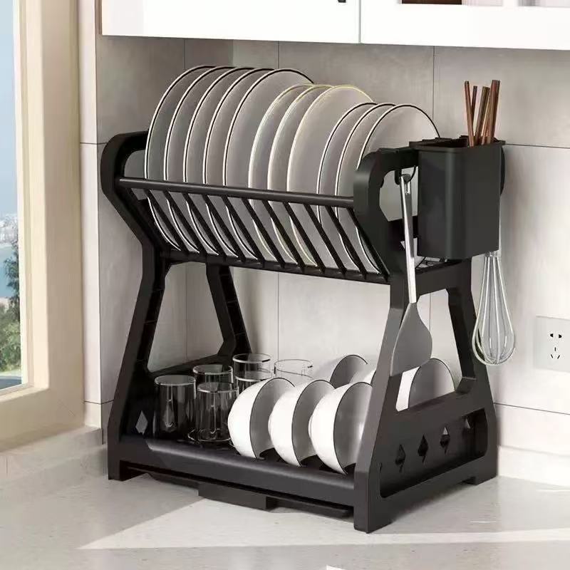 Kitchen double-layer drainage bowl rack dish chopstick knife storage ...