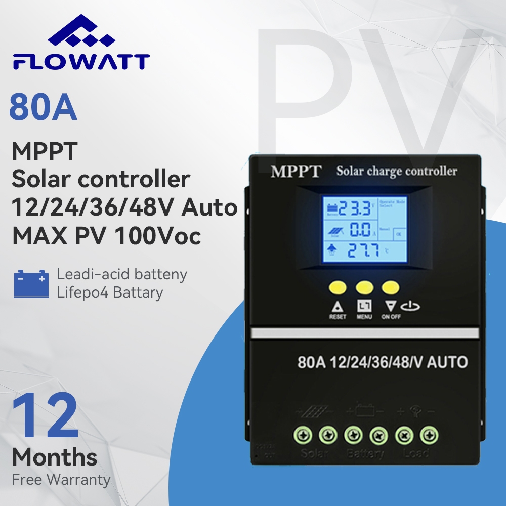 Flowatt 80A MPPT Solar Charge Controller Max PV Input 100V Dual USB LCD ...