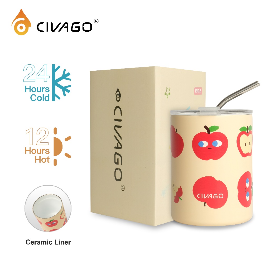 CIVAGO（13oz）Ceramic Stainless Steel Thermal Travel Mug with Straw Home ...