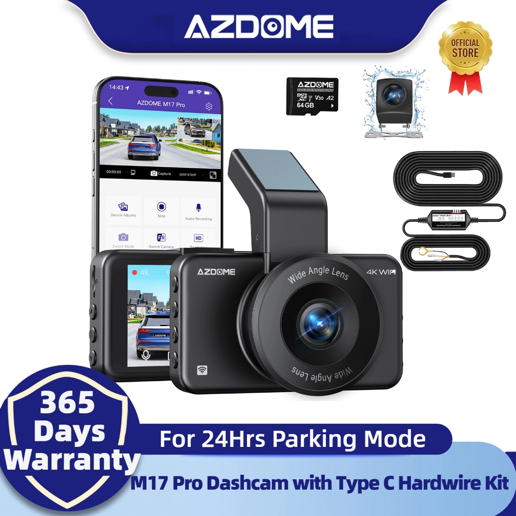 AZDOME M17 Pro 4K Front and Rear Dash Cam Built-In Wi-Fi ADAS with Type ...