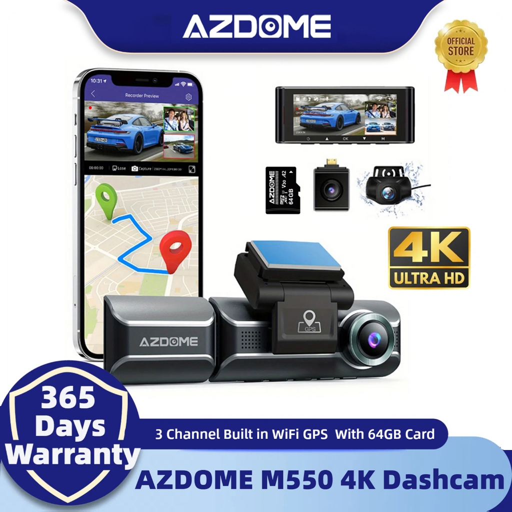 AZDOME M550 3CH 4K Front/Rear/Inside Dash Cam With Night Vision & WiFi ...