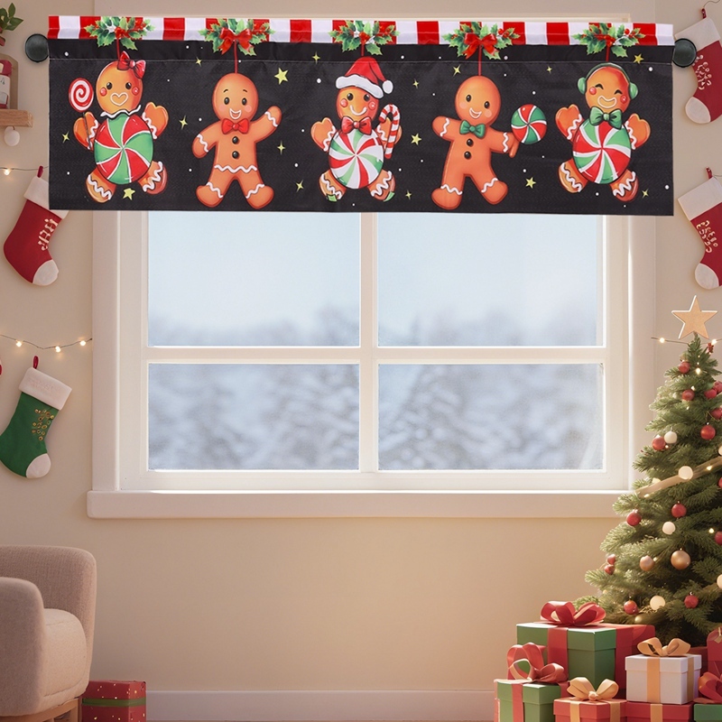 1Pc Christmas Bell Polyester Curtain Gingerbread Man Merry Christmas ...