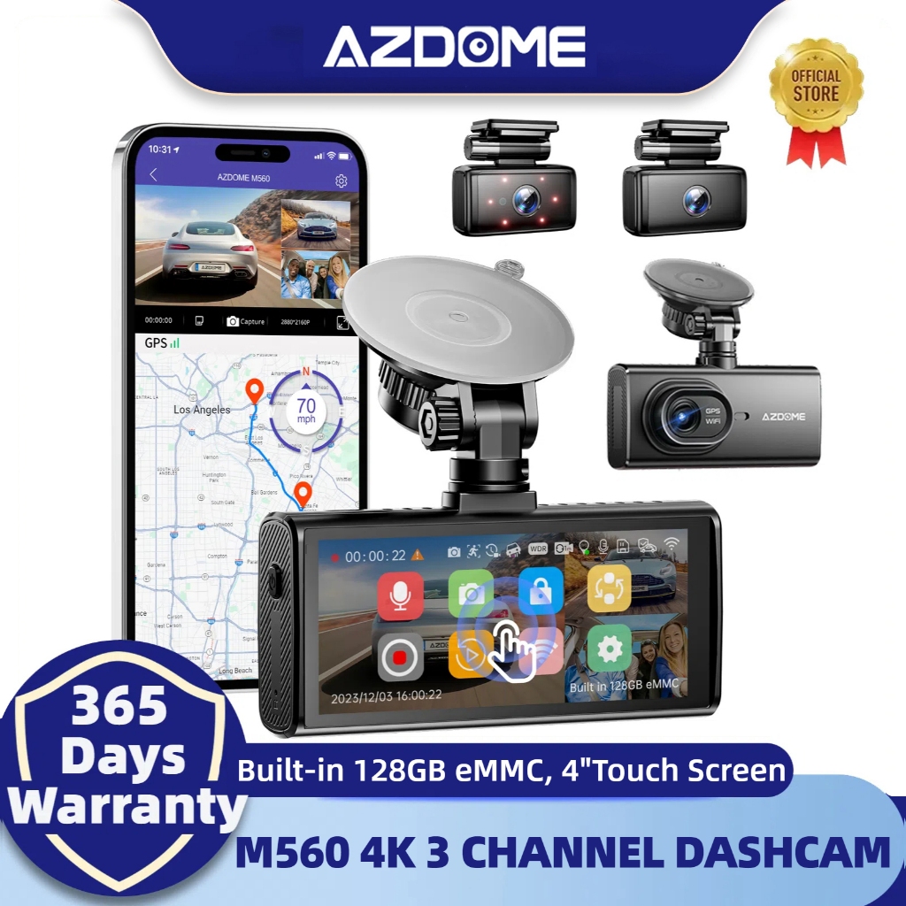 AZDOME M560 3 Channel 4K 128GB Dash Cam with 4" Touch Screen WiFi GPS G ...