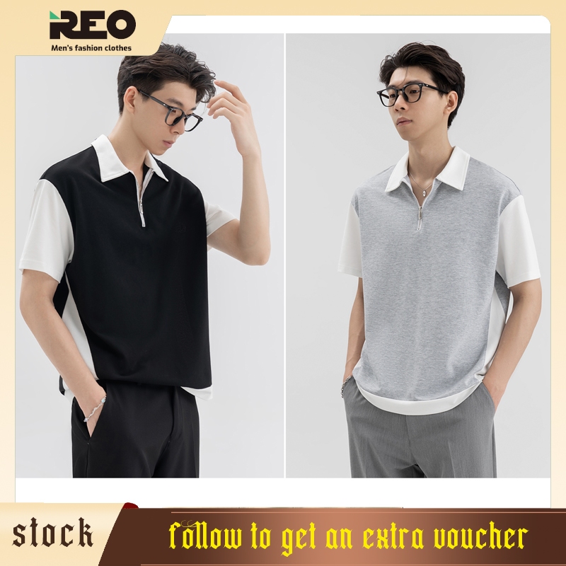 REO TWO Fake Short Sleeve zipper polo Shirt korean style loose for men ...