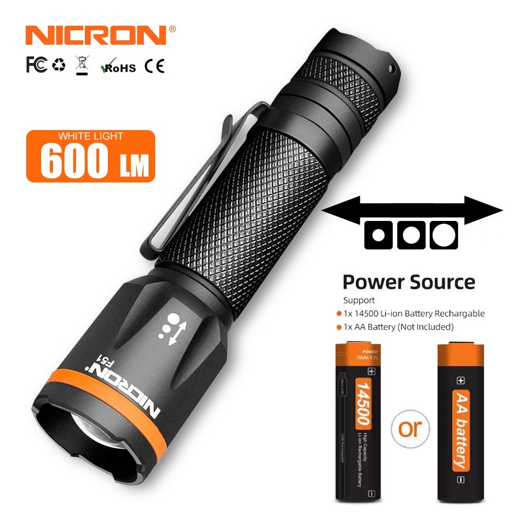 Nicron Flashlight F51 600Lumens Zoom Focus Light 14500 Rechargeable ...