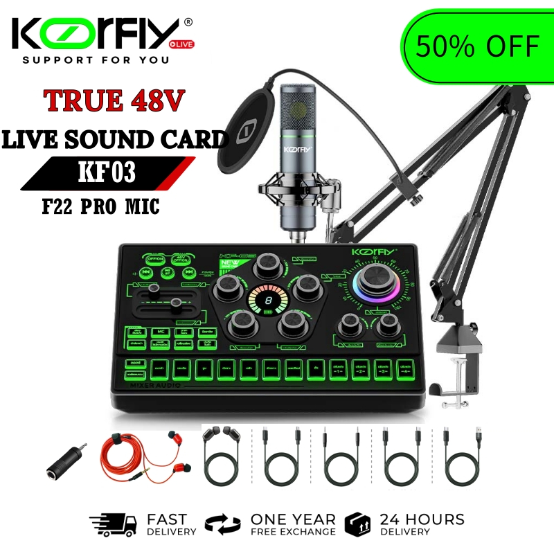 KoorFly KF03 Sound Card 48V Mixer Condenser Mic Customizable Sounds & Lights Bluetooth ...