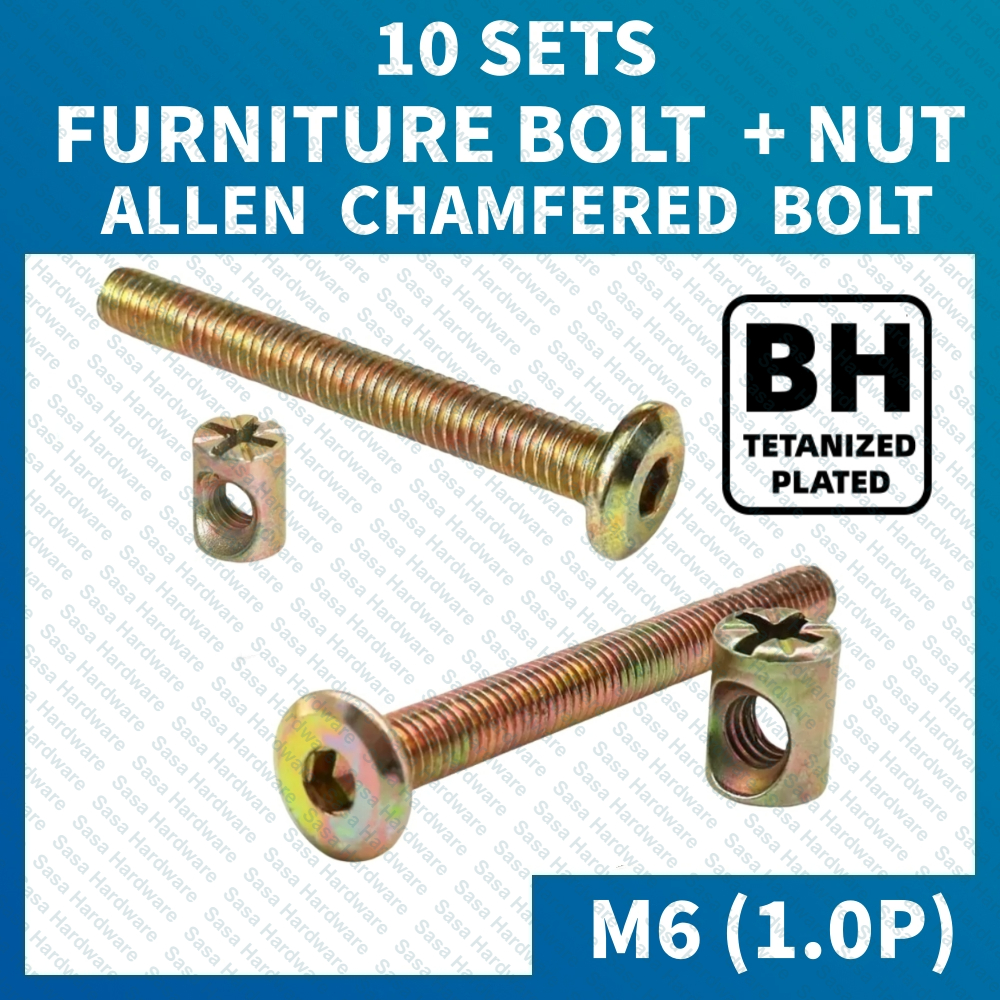 10SETS Furniture Bolt M6 Allen Chamfered Tetanized Bolt W/Nut / Hex ...