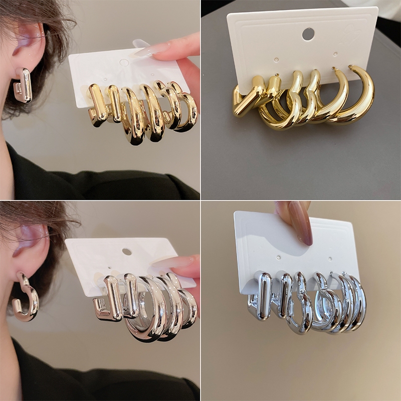 European and American silver needle glossy earrings six-piece set of ...