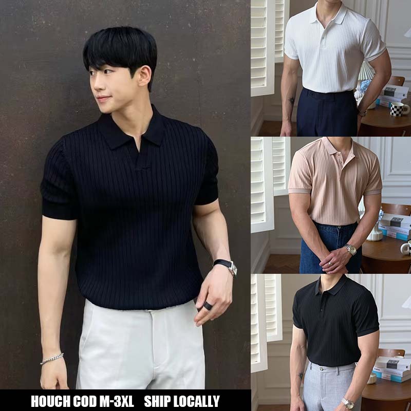 Houch Ready Stock Cod Korean Striped Ice Silk Fabric POLO Men's Short ...