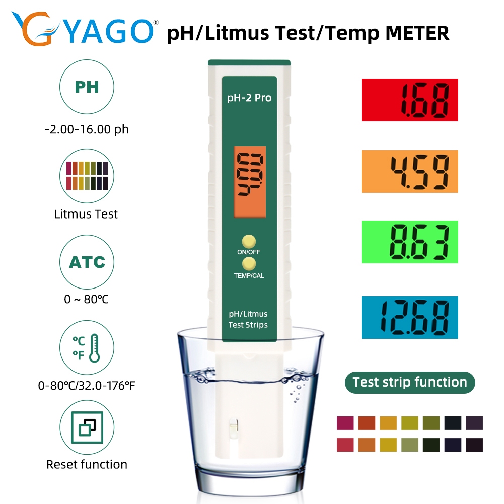 YAGO Digital PH Meter Temp tester Pen PH-2 pro Test with color ...