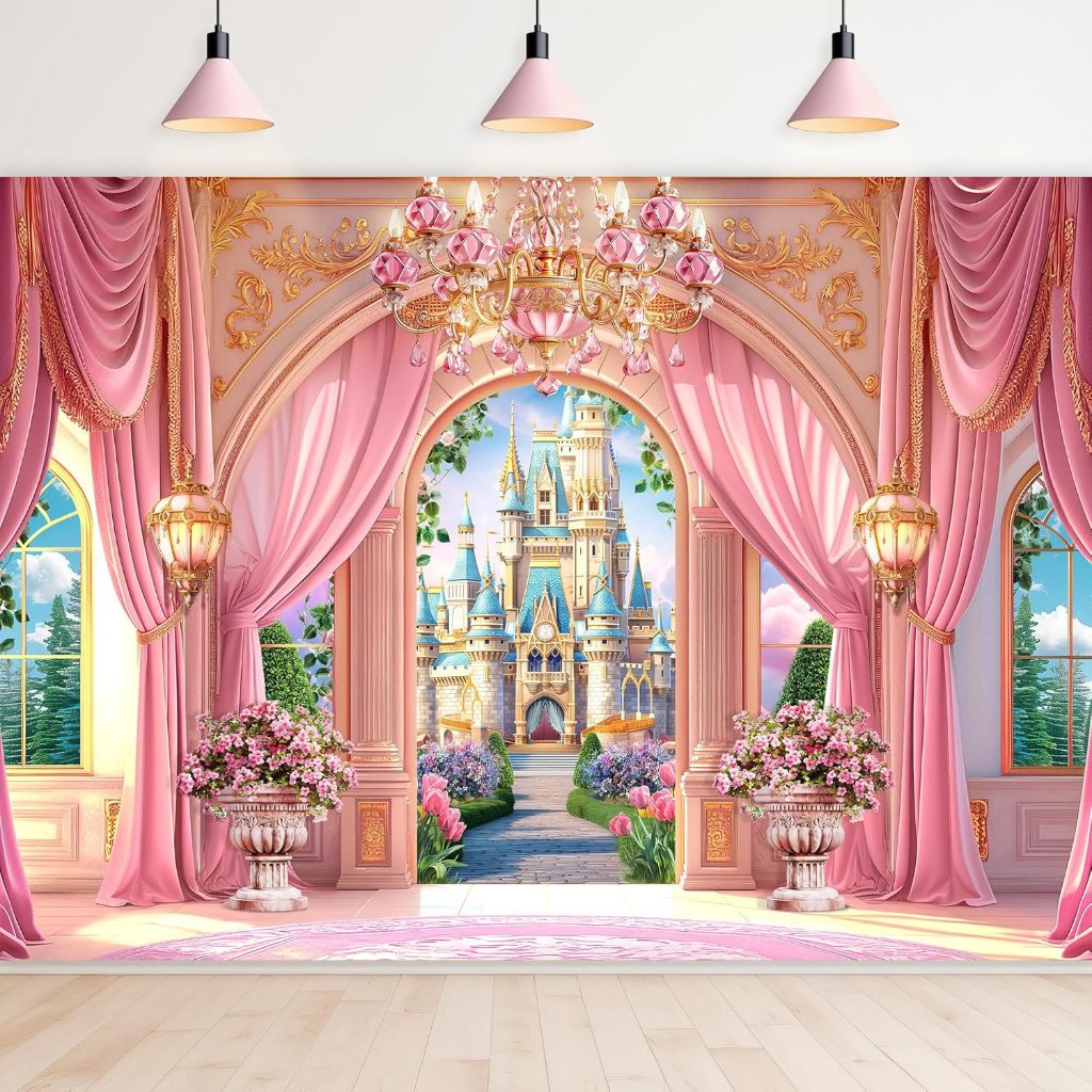 Princess Castle Garden Photography Backdrop Pink Palace Curtain Floral ...