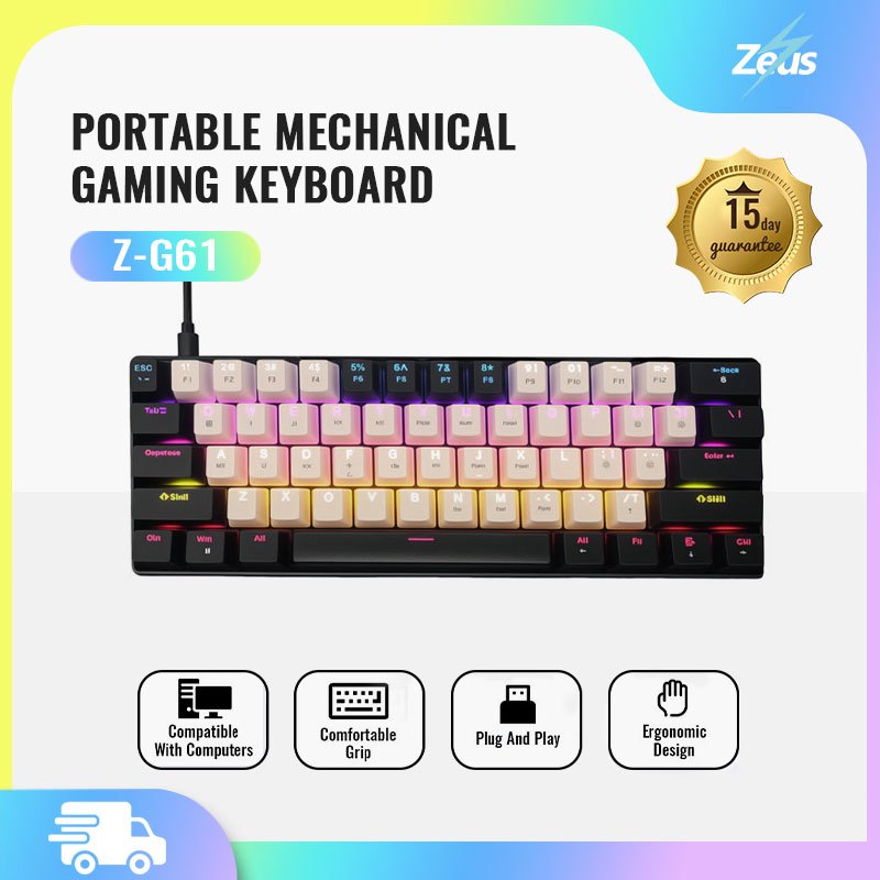 Zeus G-61 hot-swappable 61-key RGB backlit detachable mechanical wired ...