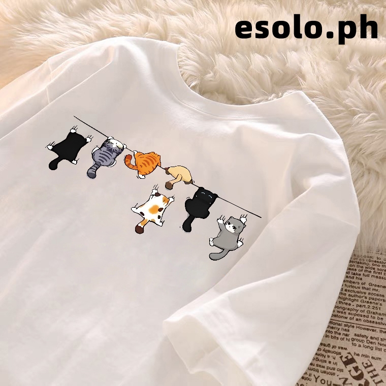 [esolo] Korean cute cat print loose oversized round neck white T-shirt ...