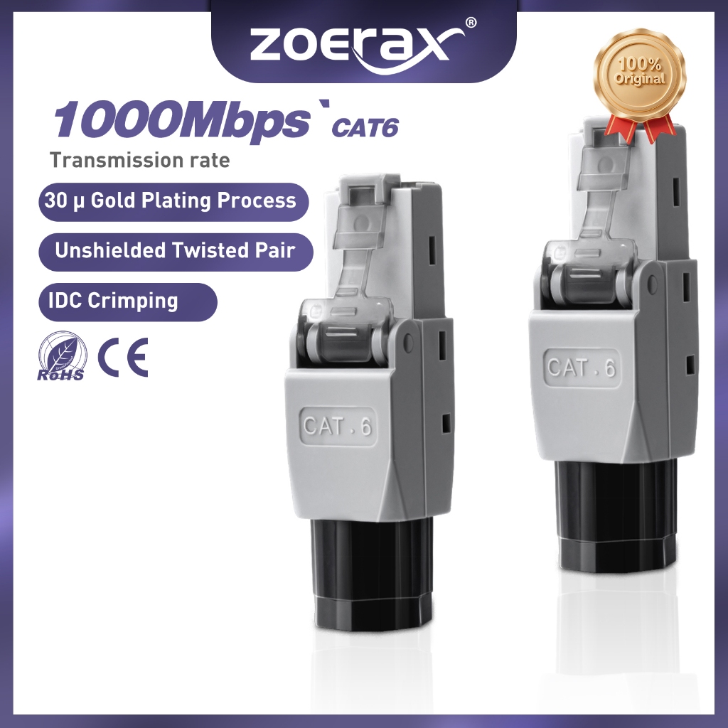 ZoeRax RJ45 Connector Tool-Free, CAT6 Field Termination Plug, Gold Plated Modular Plug, UTP CAT6 ...