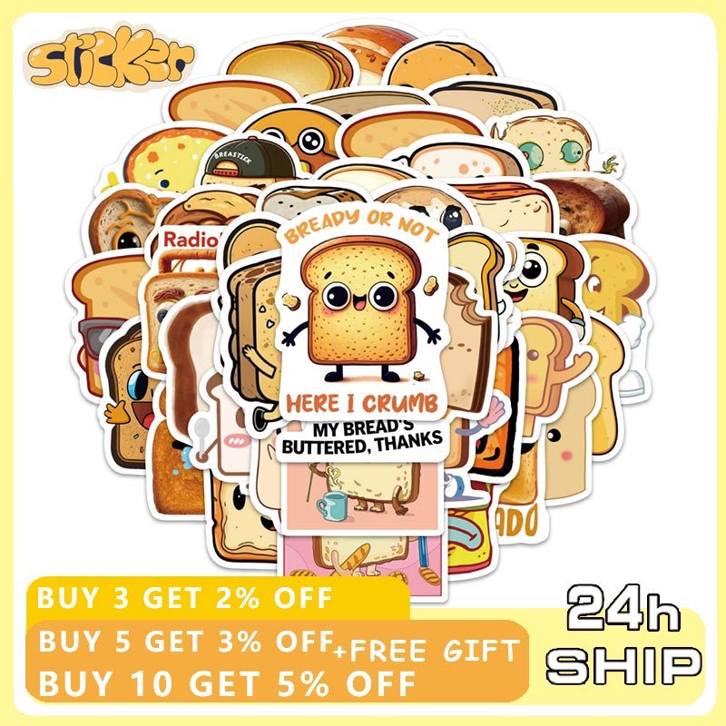 50PCS Fun Bread Cartoon Stickers Creative Food Decal DIY Luggage ...