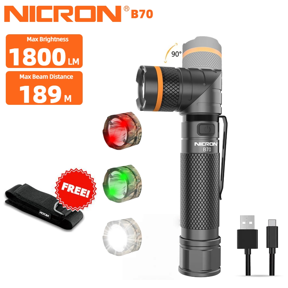 NICRON B70/B70 Plus Flashlight 90° Twist Rechargeable Flashlight Rotary ...