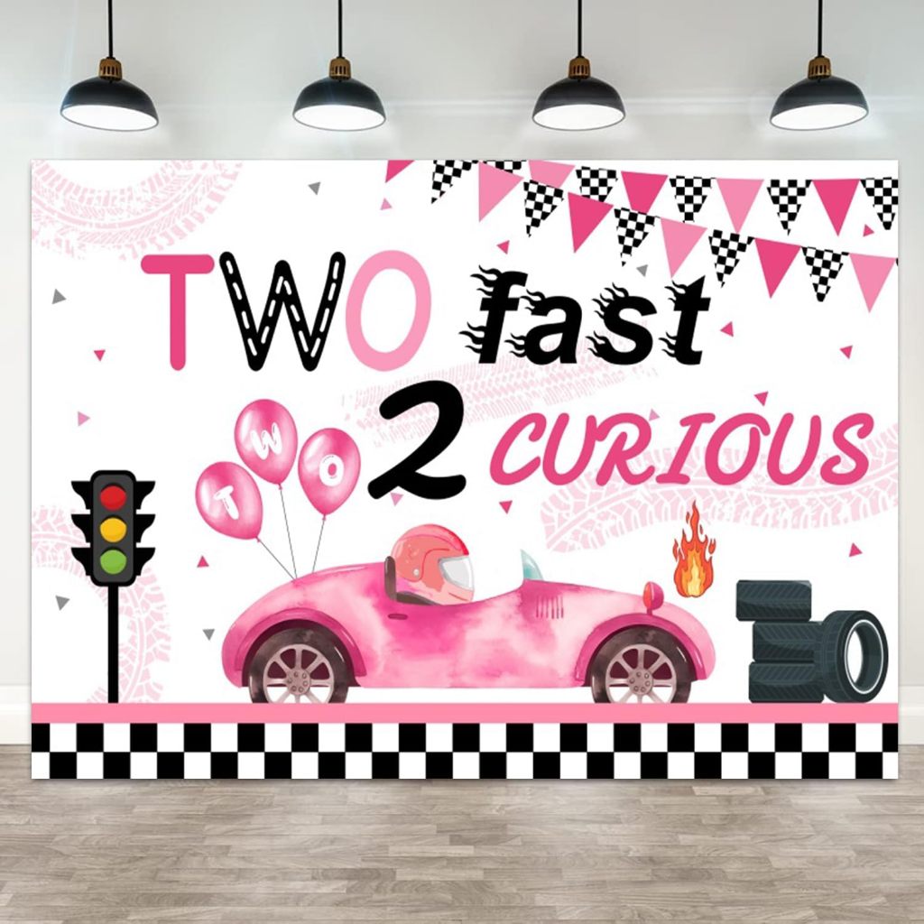 5x3ft Two Fast 2 Curious Racing Theme Birthday Backdrop Pink Balloon ...