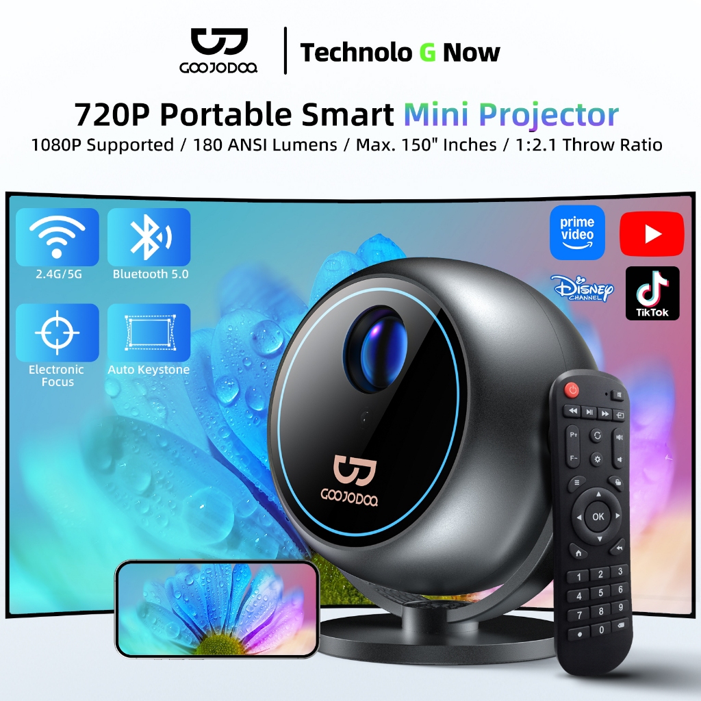 GOOJODOQ 90° Mini Portable Projector for Phone Bluetooth 5.0 720P ...
