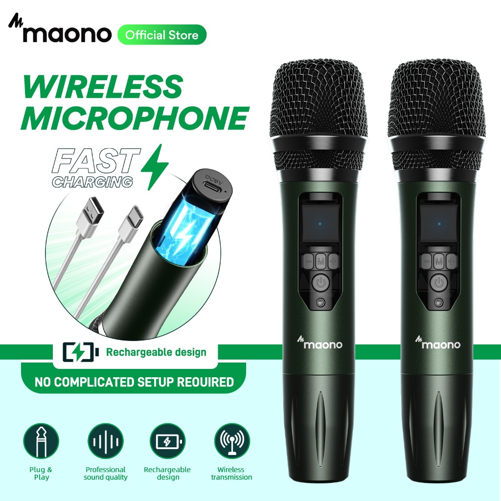 Maono WM761 Wireless Microphone Dual Handheld Microphone Rechargeable ...