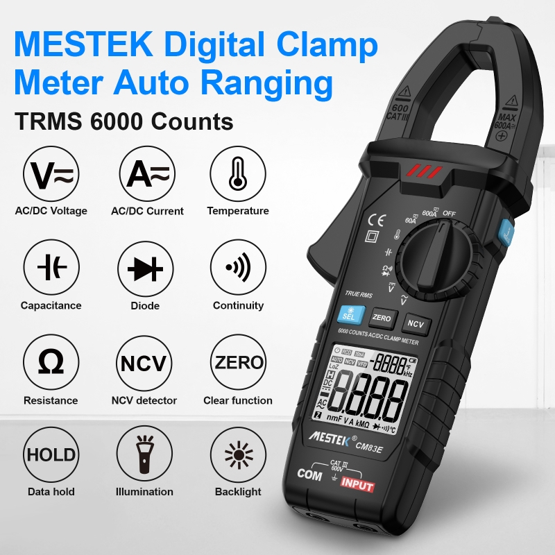 MESTEK AC/DC 600A Digital Clamp Meter Current Clamp Meter NCV Ampere ...
