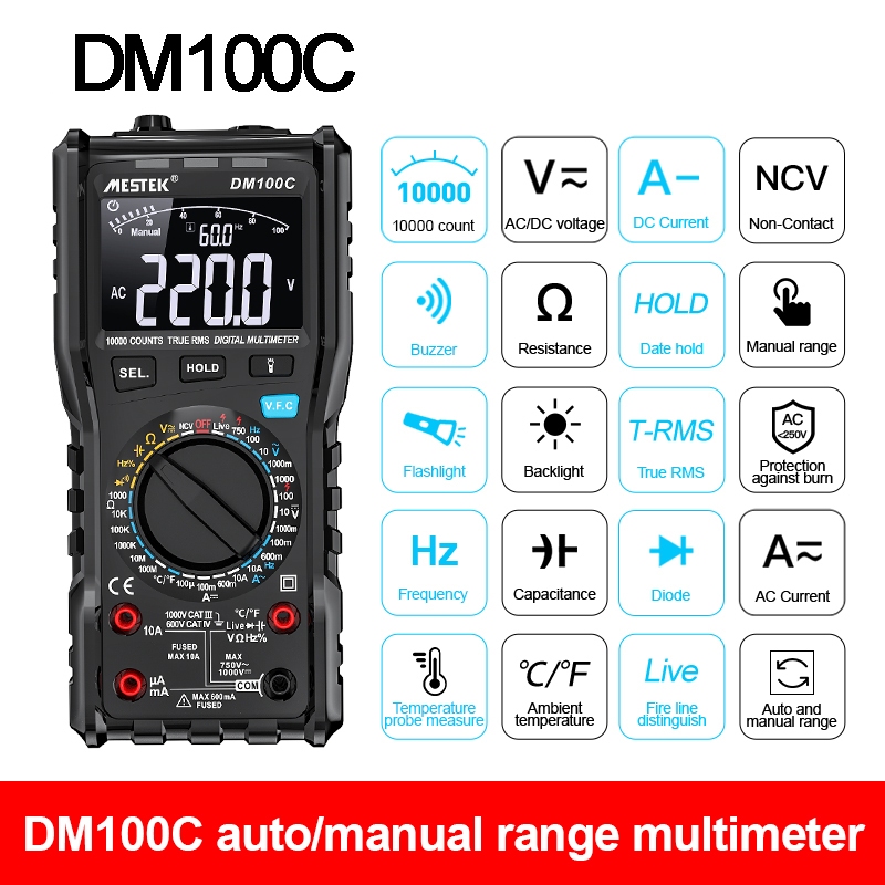 Mestek Smart Digital Multimeter Manual/Automatic Multimeter Temperature ...