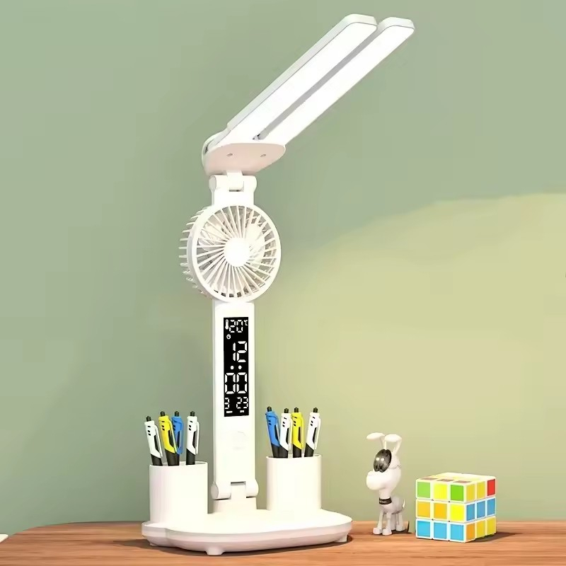 Lampu Meja LED Clock Table Lamp with Fan USB Chargeable Touch Desk ...