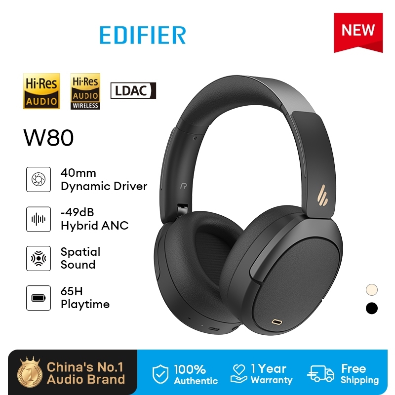 Edifier W80 Wireless Over-ear Headphones Bluetooth v5.4 Headset 40mm Dynamic Driver with -49dB ...