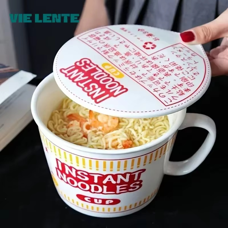 1pc Large Capacity Ceramic Instant Noodle Bowl with Cover，Perfect for ...
