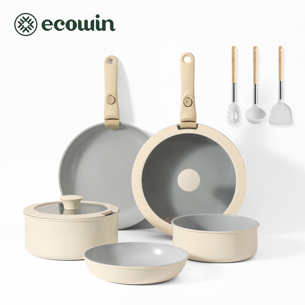 Ecowin【Buy 5 get 12 】 Nonstick Ceramic Rock Cookware Set Handle Removable No PFAS & PTFE & PFOA ...