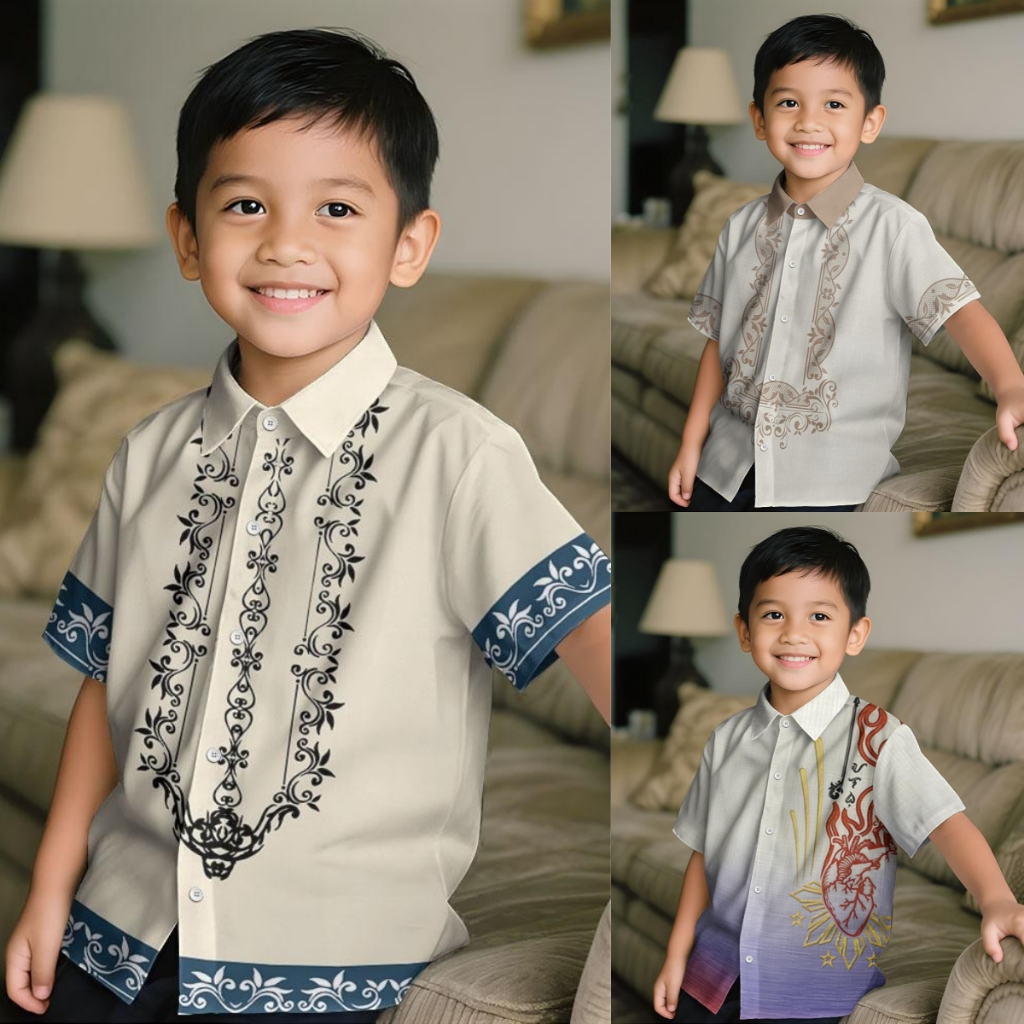 Beige Filipino Barong Kids Top Short Sleeve Black Blue Floral ...