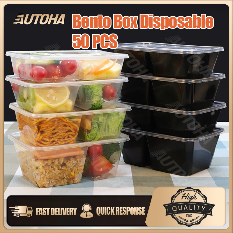 50Pcs Bento Lunch Box Disposable 2 Division Bento Box 500Ml 650Ml Food ...