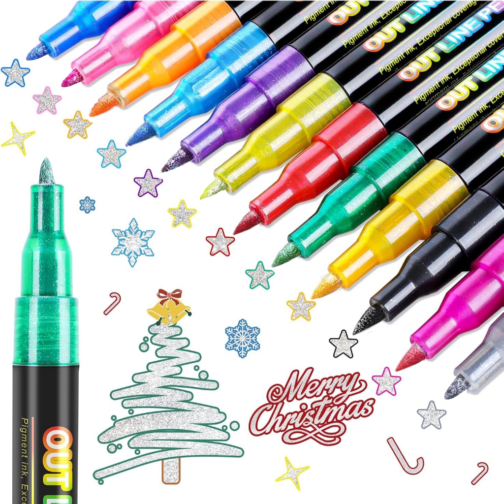 48 Color Dual Tip Glitter Metallic Outline acrylic marker set colored ...