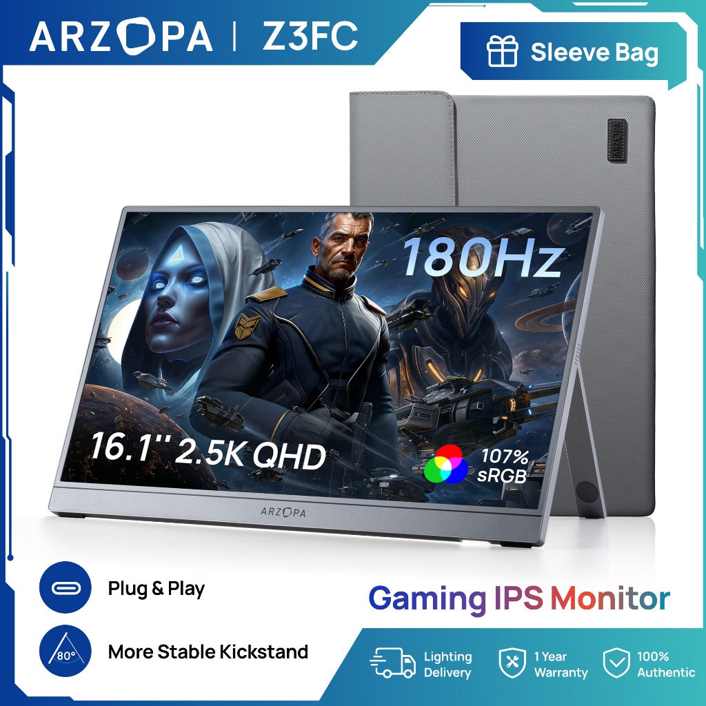 ARZOPA 16.1'' 180Hz Portable Monitor-Z3FC Gray, 107% sRGB 2.5K ...