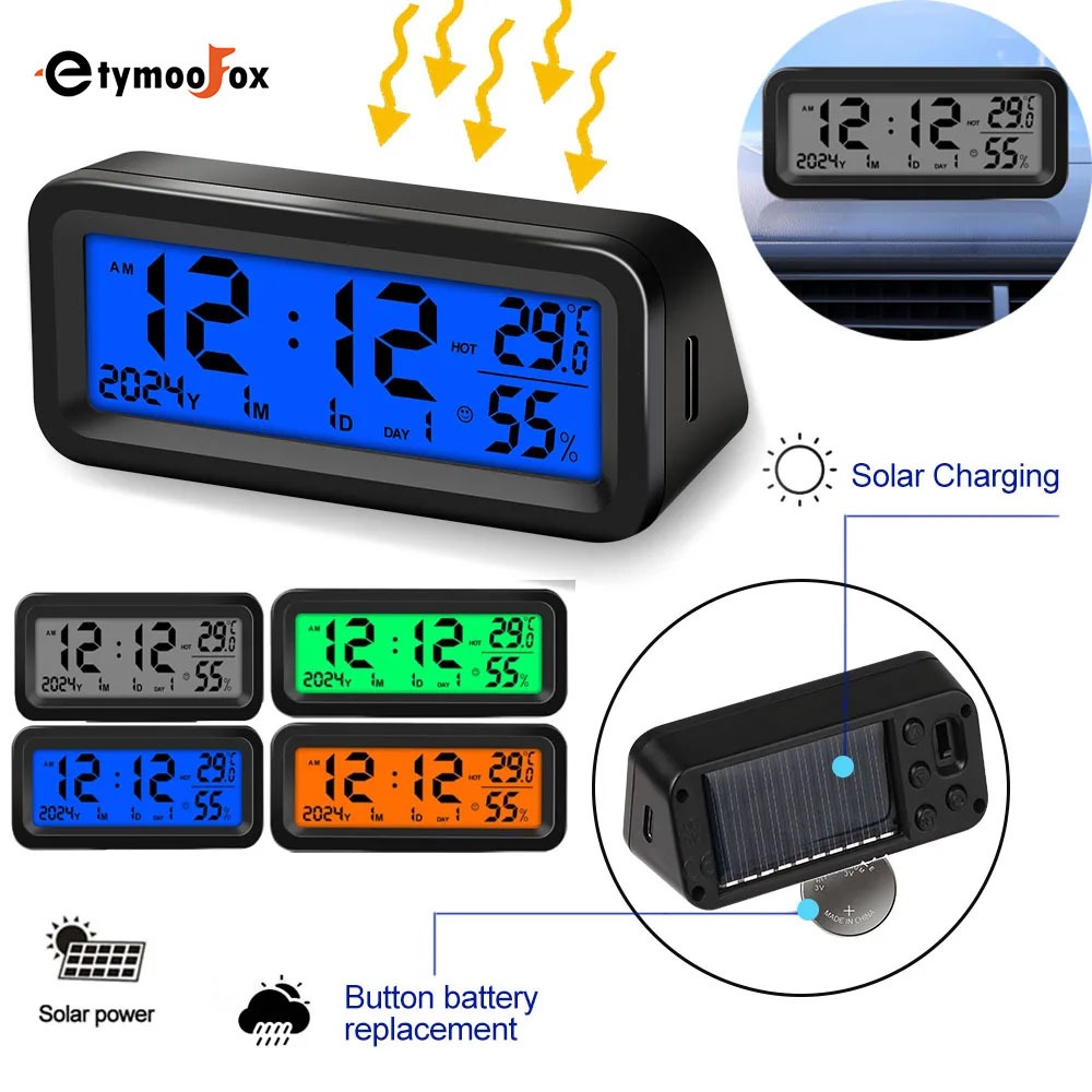 Solar Car Clocks Dashboard Thermometer Automotive Electronic Watch Led ...
