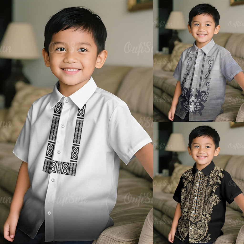 Ombre Tribal - Geometric White - Grey Barong Tagalog Kids Shirt ...