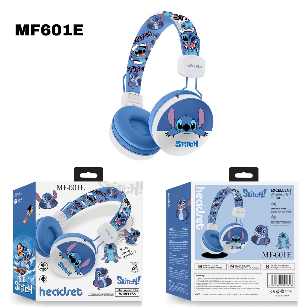 Disney Stitch Headphones Bluetooth Wireless Earbuds HIFI Stereo Sound ...