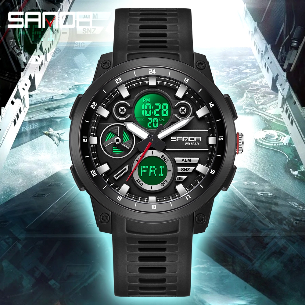 SANDA 3379 Luxury Men's Electronic Watch Dual Display Sports Multi ...