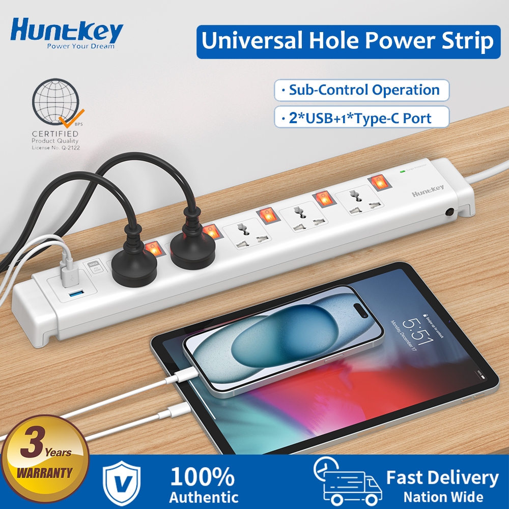 HUNTKEY Universal Hole Power Strip with USB Ports - Extension Cord ...