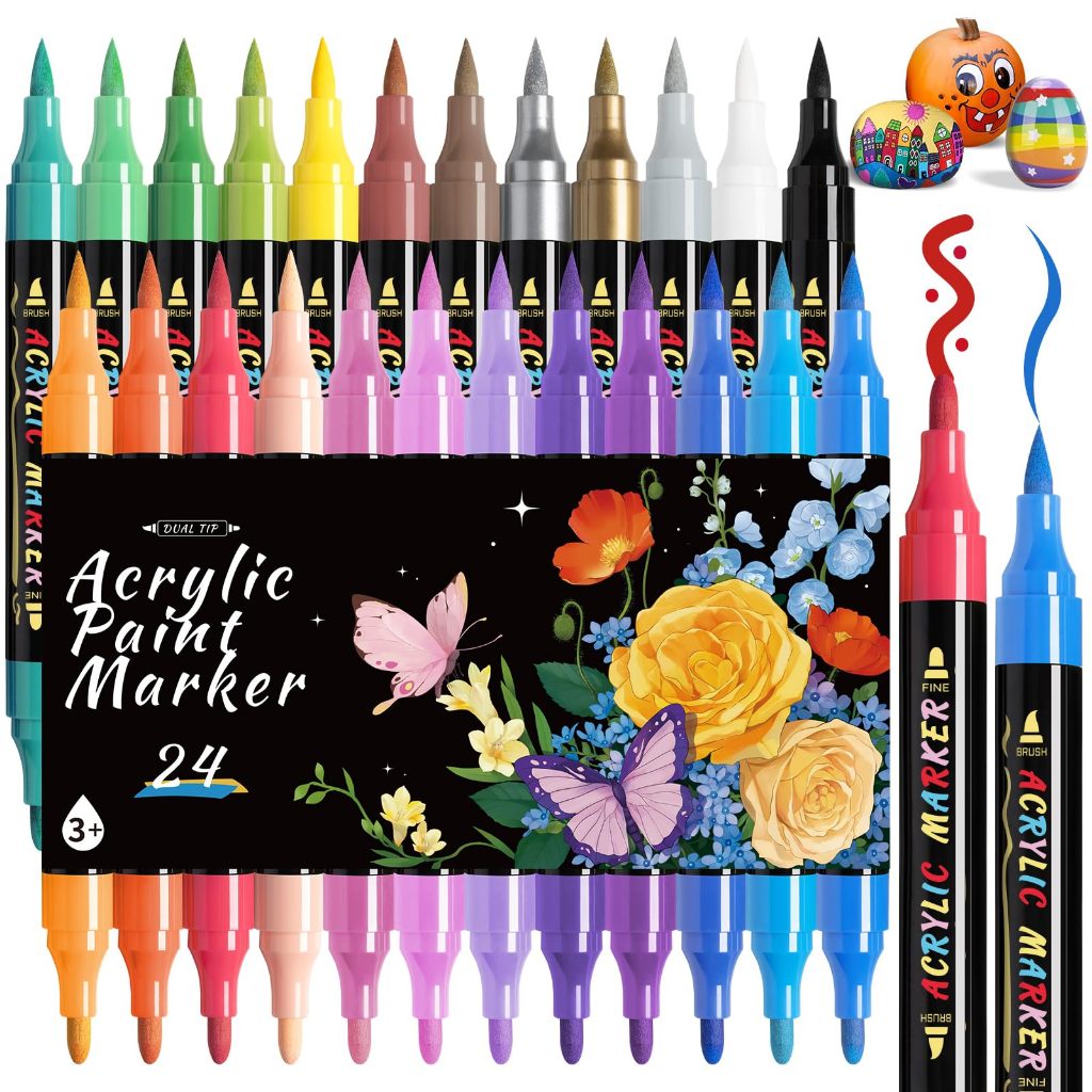 60 Pcs Acrylic Marker Pen Set Dual Tip Coloring Set Highlighter Pen ...