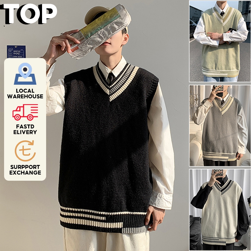 Knitted vest for men V-Neck four colors available korean baggy Academic ...