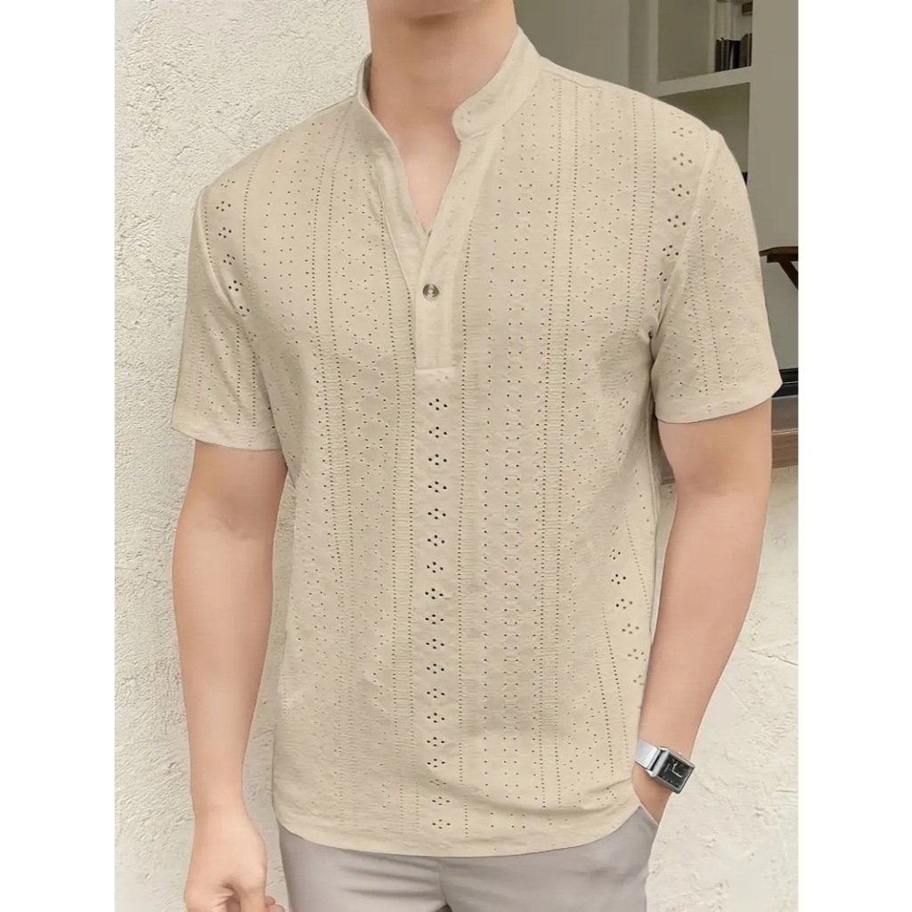 WQ ModaGents Men Summer Casual Hollow Embroidery Woven Short Sleeve ...