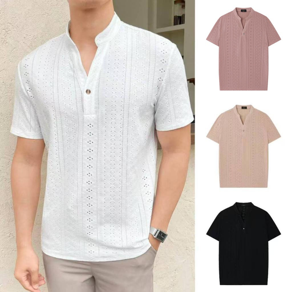 WM ModaGents Men Summer Casual Hollow Embroidery Woven Short Sleeve ...